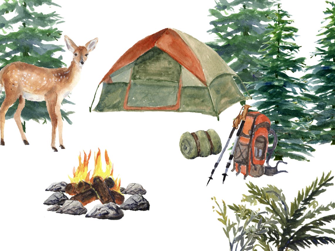 Watercolor Camping and Backpacking Clip Art Set: Tents, Backpack ...