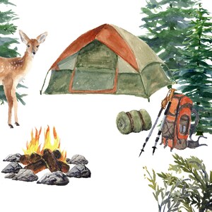 Watercolor Camping and Backpacking Clip Art Set: Tents, Backpack ...