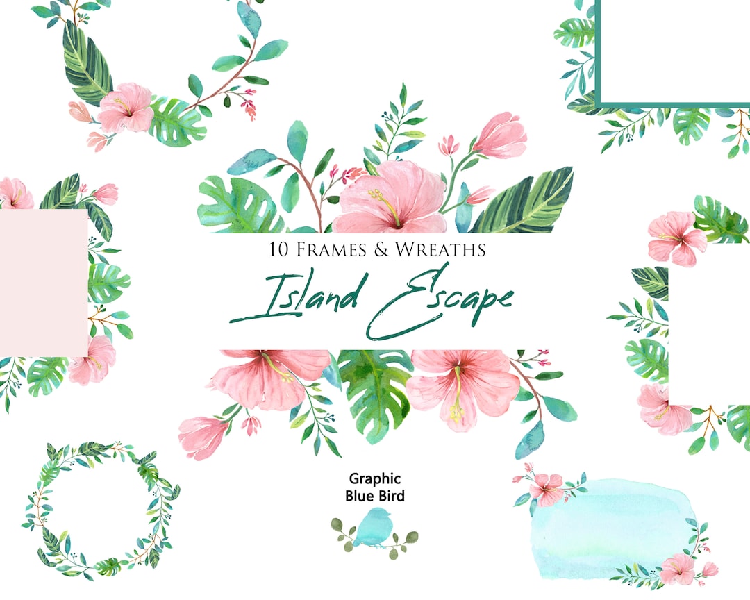 Tropical Island Frames and Wreaths Set, 10 Floral Frames and Wreaths ...