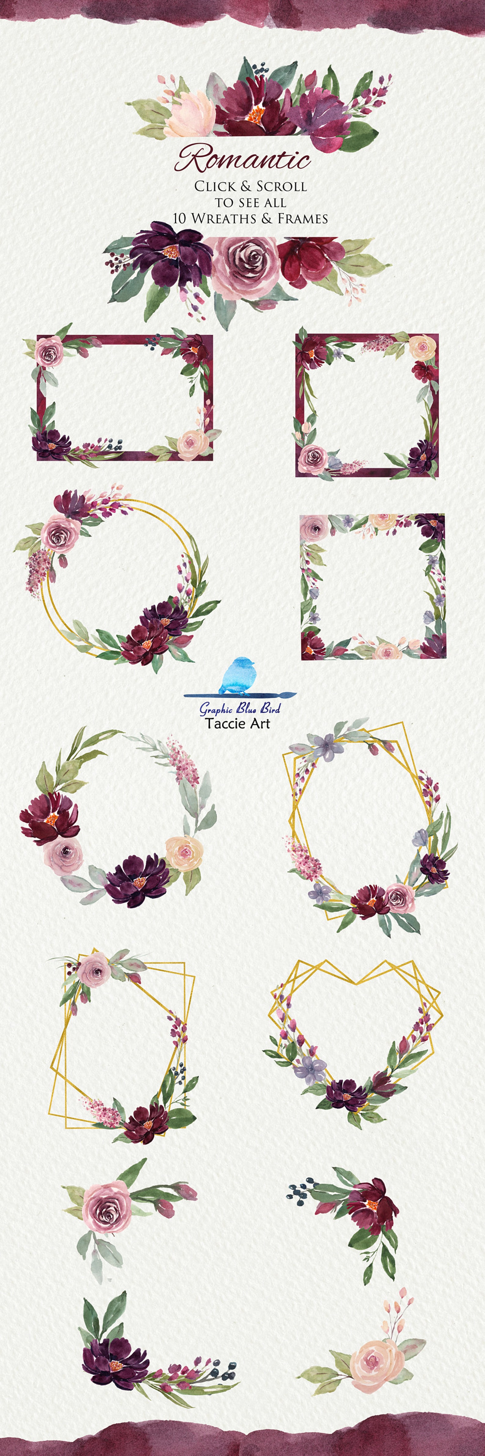 Watercolor Clip Art Floral Wreaths and Frames in Burgundy - Etsy