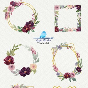 Watercolor Clip Art Floral Wreaths and Frames in Burgundy, Blush and ...