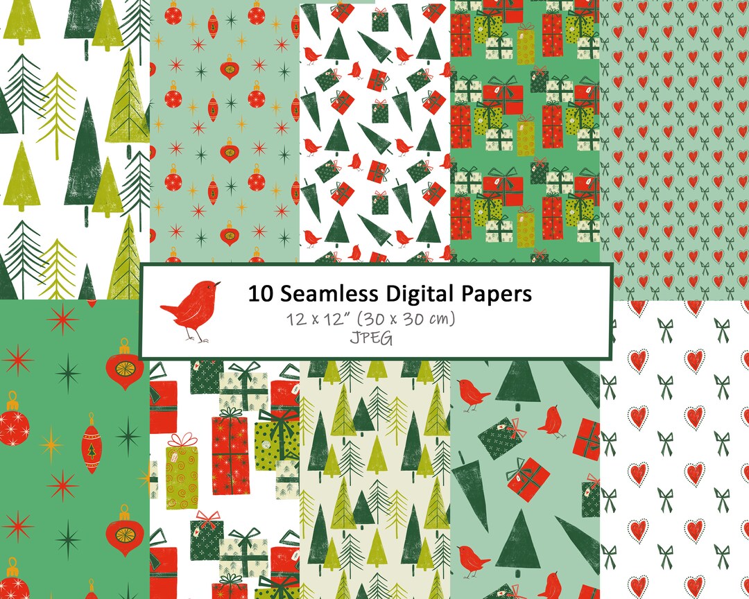 Retro Christmas Digital Paper Pack, Christmas Digital Paper, Birds ...