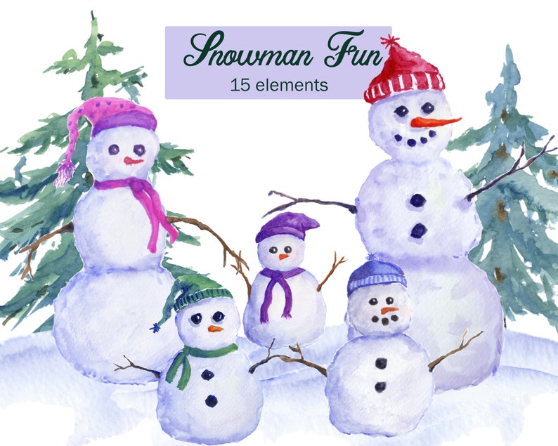 Snowman Clipart, Watercolor Snowman Family, Winter Clip Art, Set of 6 ...