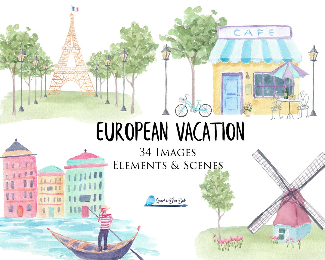 European Travel Watercolor Clipart Set, Rome, Venice, Paris, Holland ...