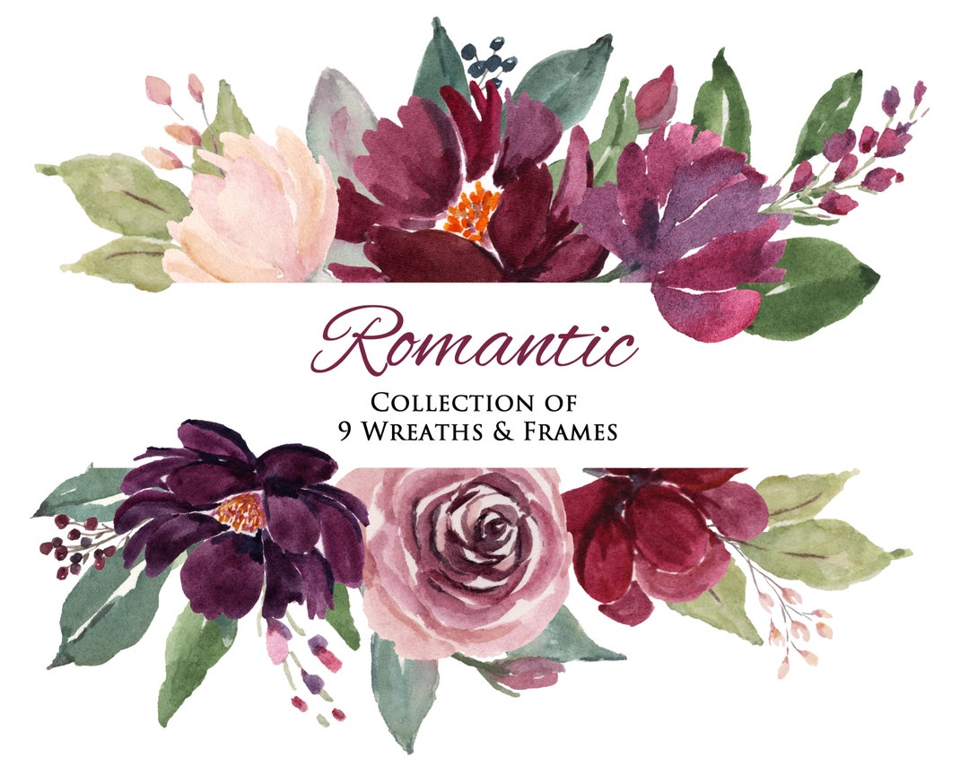 Watercolor Clip Art Floral Wreaths and Frames in Burgundy, Blush and ...