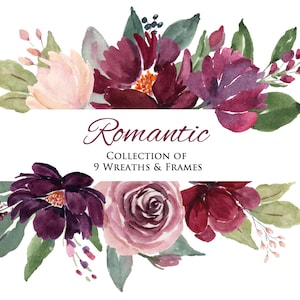 Watercolor Clip Art Floral Wreaths and Frames in Burgundy, Blush and ...