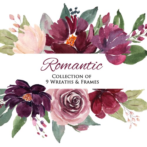 Watercolor Clip Art Floral Wreaths and Frames in Burgundy - Etsy