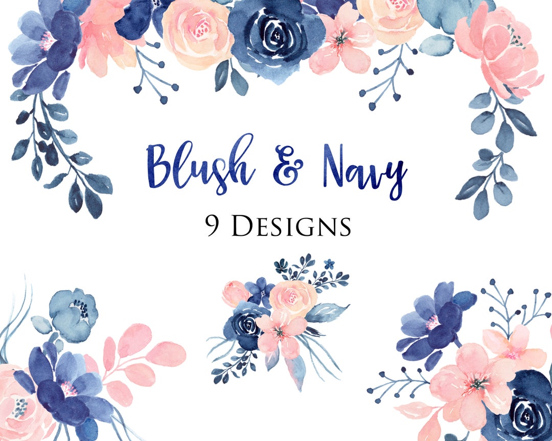 Blush & Navy Flowers, Nine Designs, Floral Topper, Border and Templates ...
