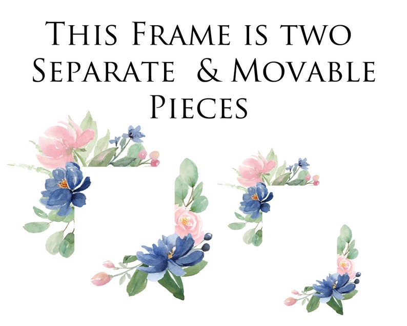 Blush Pink & Blue Watercolor Floral Wreaths, Frames and Bouquets, Navy ...