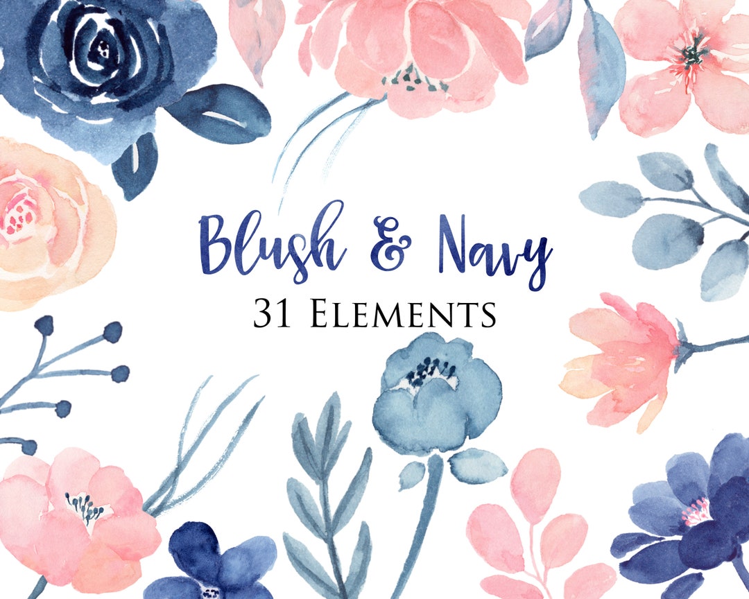 Blush & Navy Floral Clip Art, Individual Elements Set, Navy Blue and ...