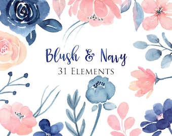Watercolor Flower Elements Clipart Navy Blue and Blush Roses - Etsy Canada