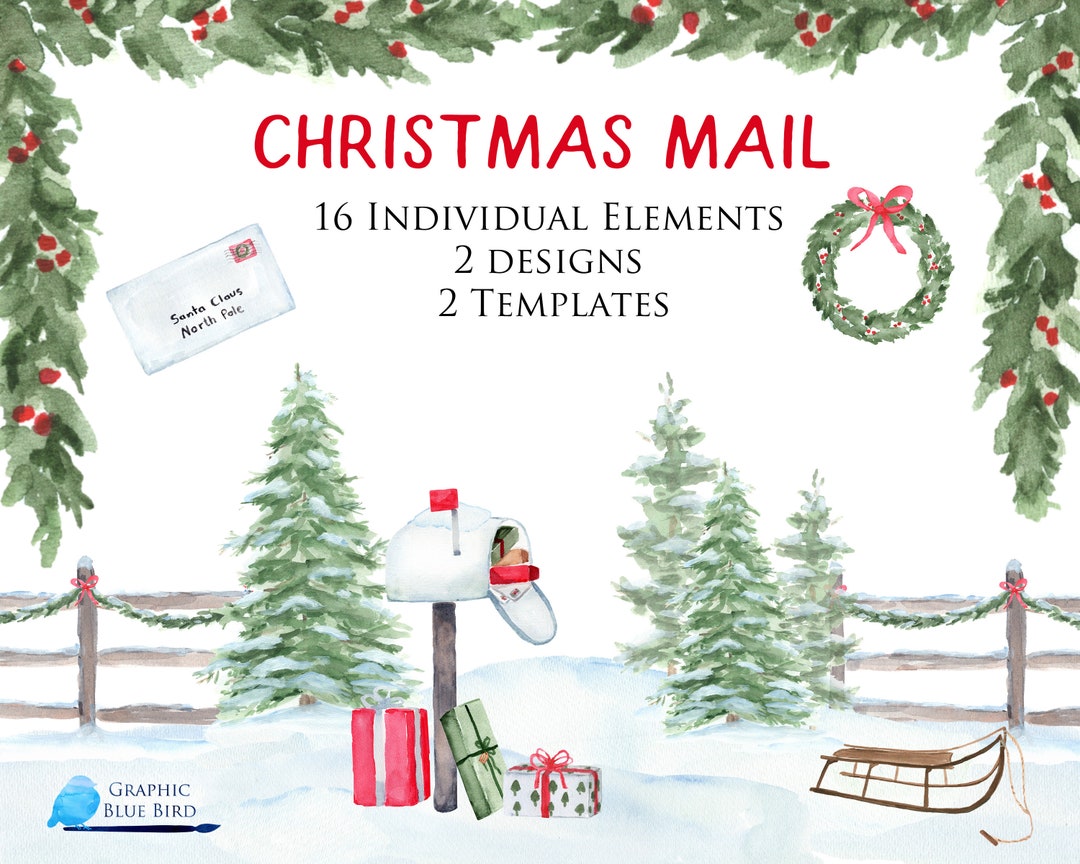 Christmas Mail, Watercolor Clipart, Pine Trees, Christmas Presents ...