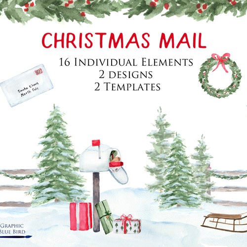 Christmas Mail Watercolor Clipart Pine Trees Christmas - Etsy