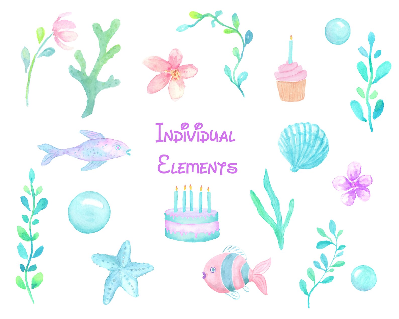 Mermaid Birthday Party Watercolor Fish and Underwater Scene | Etsy