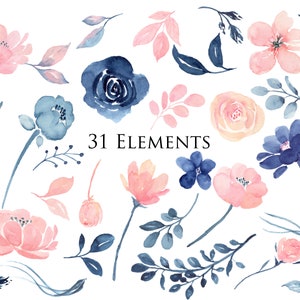 Blush & Navy Floral Clip Art, Individual Elements Set, Navy Blue and ...