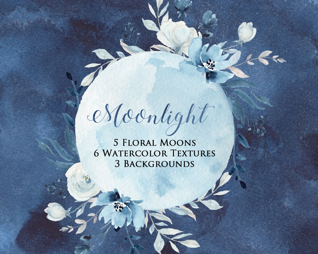 Navy Blue and White Moon and Flowers Watercolor Clip Art, Moonlight ...