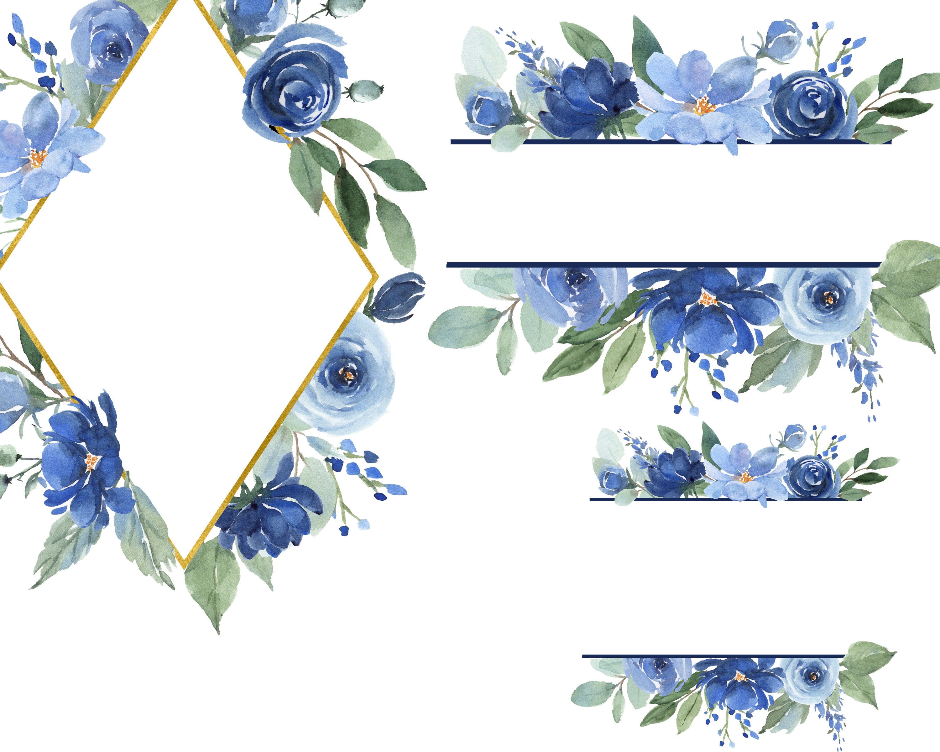 Blue Floral Frames Gold Geometric Frames With Blue Flowers - Etsy UK