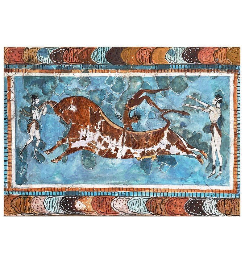 Minoan Bull-leaping Fresco, Ancient Greek Art, Hand-painted (9.4x13.3 ...
