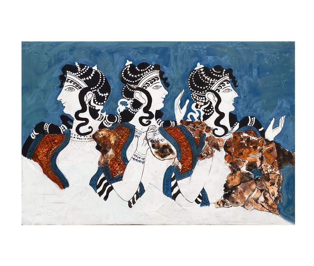 Hand-painted Minoan Fresco: "ladies in Blue" Reproduction Wall Art - Etsy