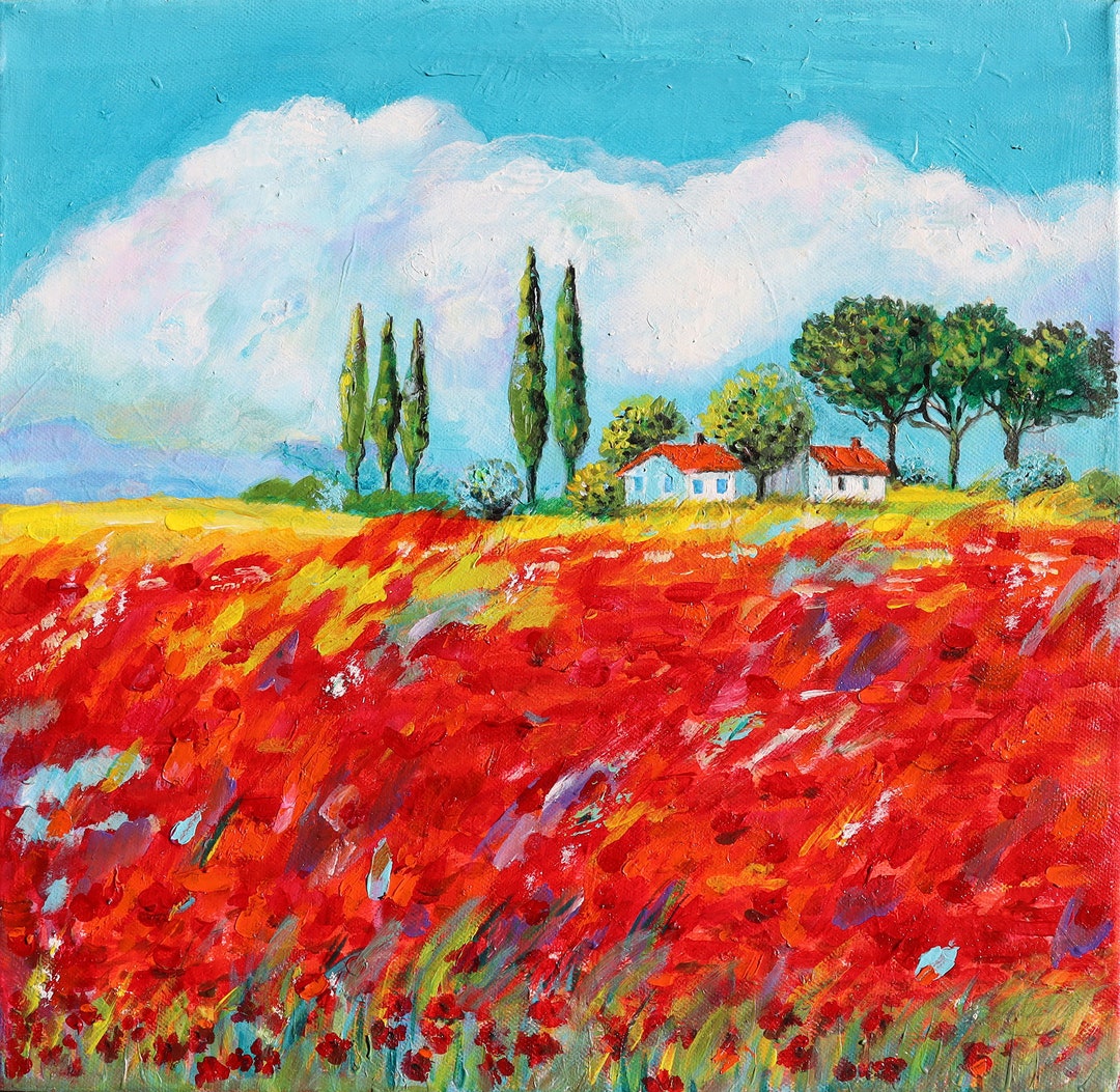 Poppy Field Painting: Tuscany Landscape, Colorful Acrylic Art - Etsy