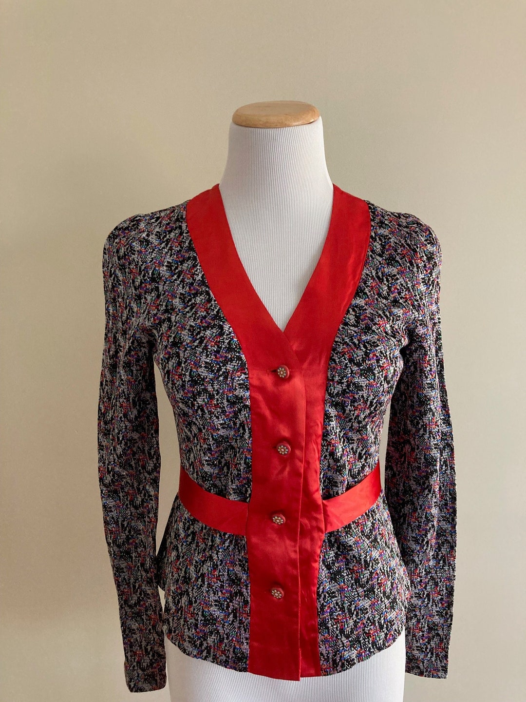 1970's Deadstock Metallic Knit Top/red Satin Trim/novelty Buttons/grass ...
