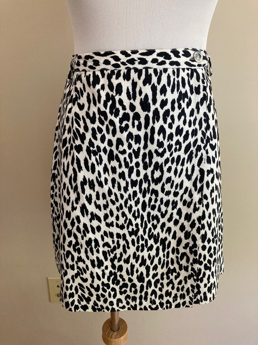 1990's Vintage Mini Linen Front Wrap Skirt/black and White Animal Print ...