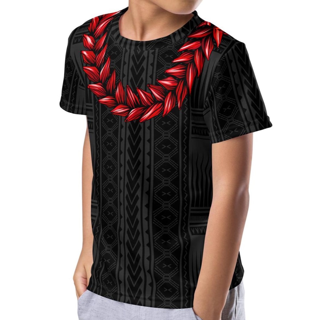 Kids Ula Fala Red Samoan Chief Design Art Black Tribal Crew Neck T ...