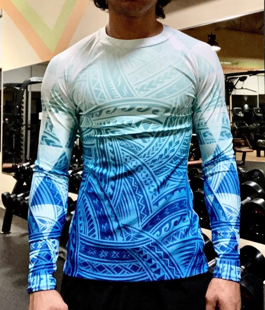 Blue Polynesian Tribal Triangle Designs Gym Clothes Workout Shirt Rash ...
