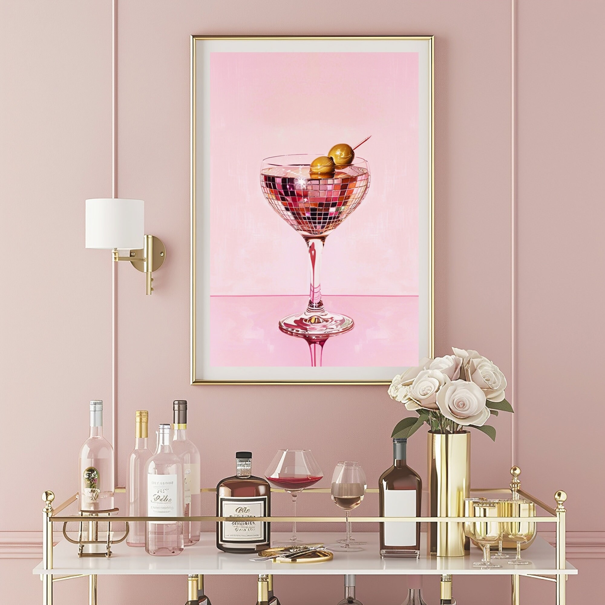 Vintage Olive Martini Disco Ball Wall Art Printable, Retro Y2K Bar Cart ...
