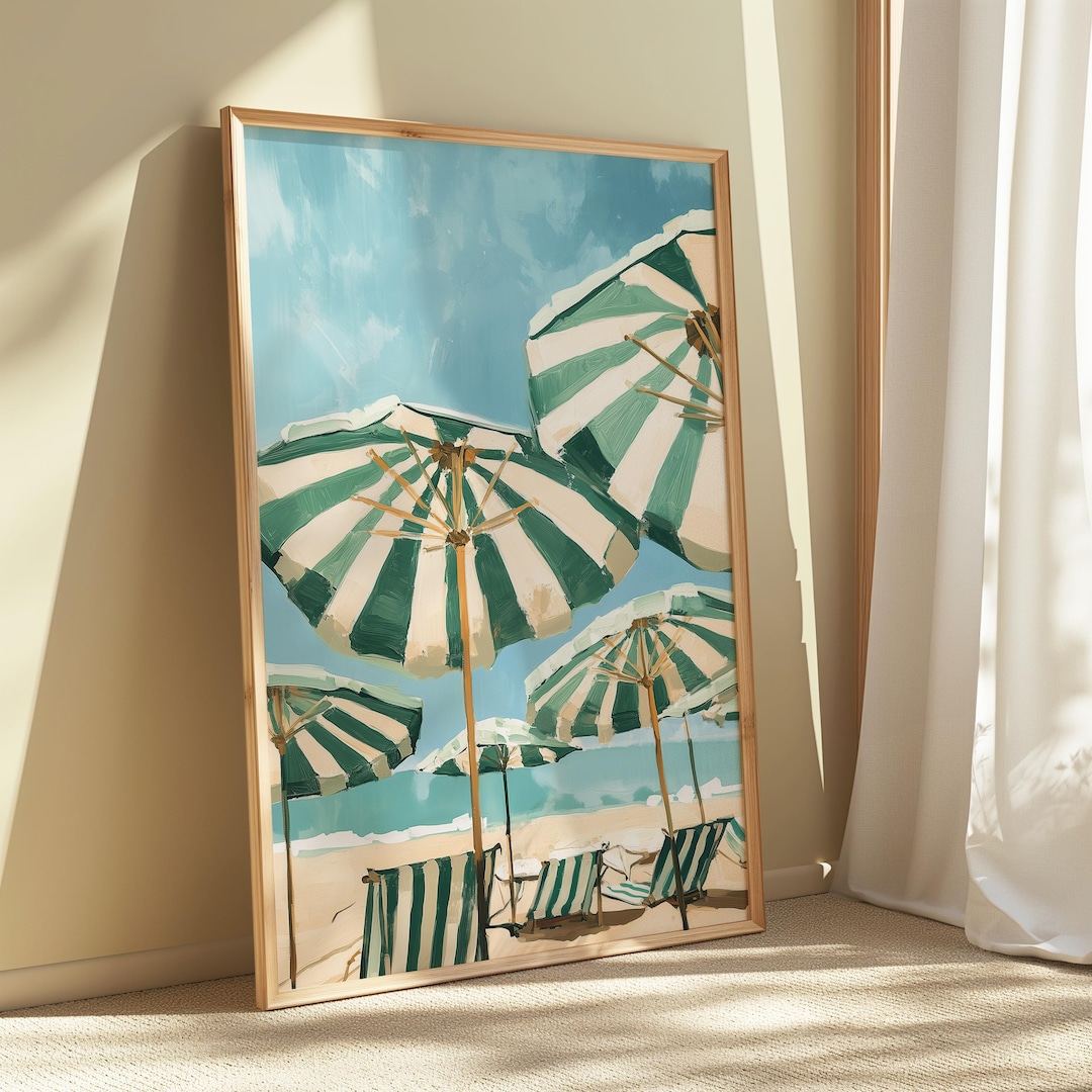 Vintage Beach Umbrella Aerial Print: Sage Green Coastal Wall Art ...