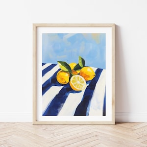Lemon and Stripes Art, Trendy Blue Fruit Wall Art, Blue Home Decor ...