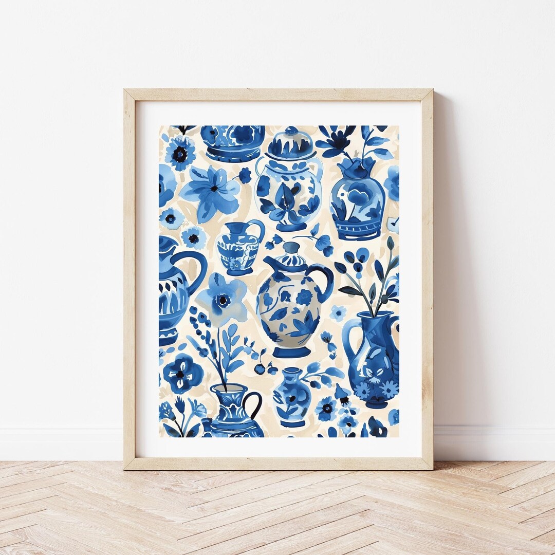 Vintage Blue Pottery and Floral Pattern Wall Art, Trendy Blue ...