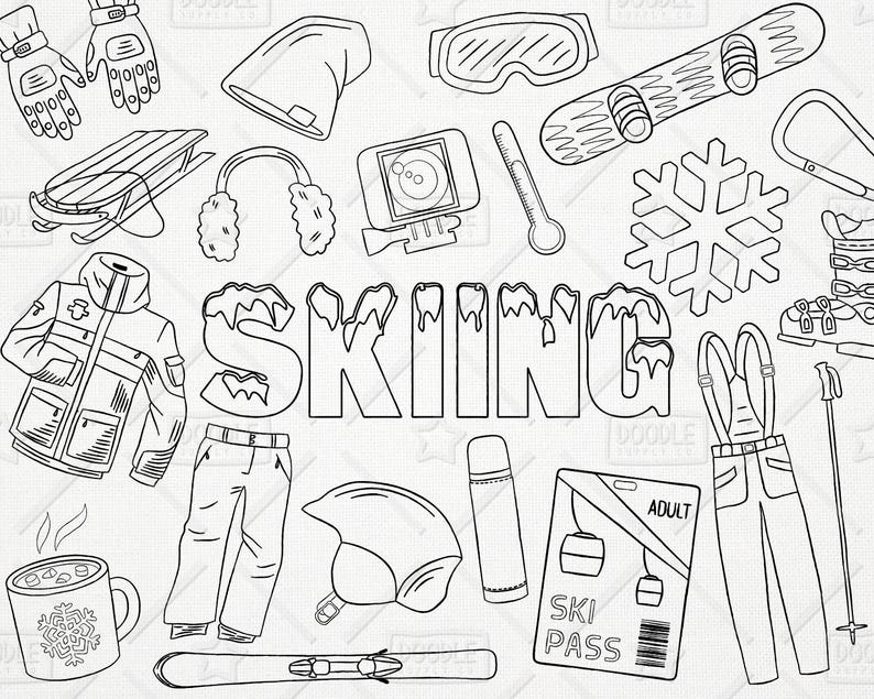 Doodle Skiing Vector Pack, Snowboard Clipart, Winter Clipart, Ski ...