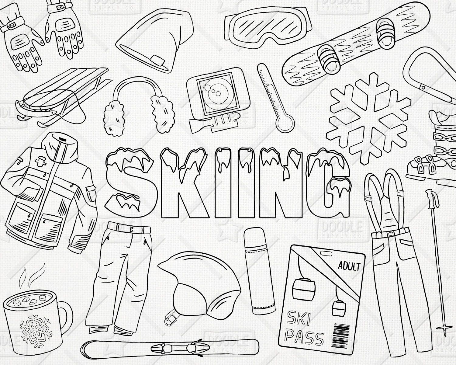 Doodle Skiing Vector Pack, Snowboard Clipart, Winter Clipart, Ski ...
