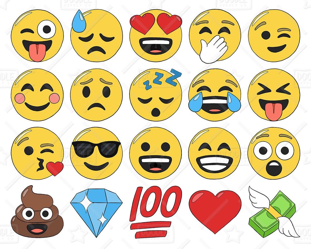 Emoji Clipart Vector Pack, Smiley Faces Clipart, Hand Drawn Emoji ...