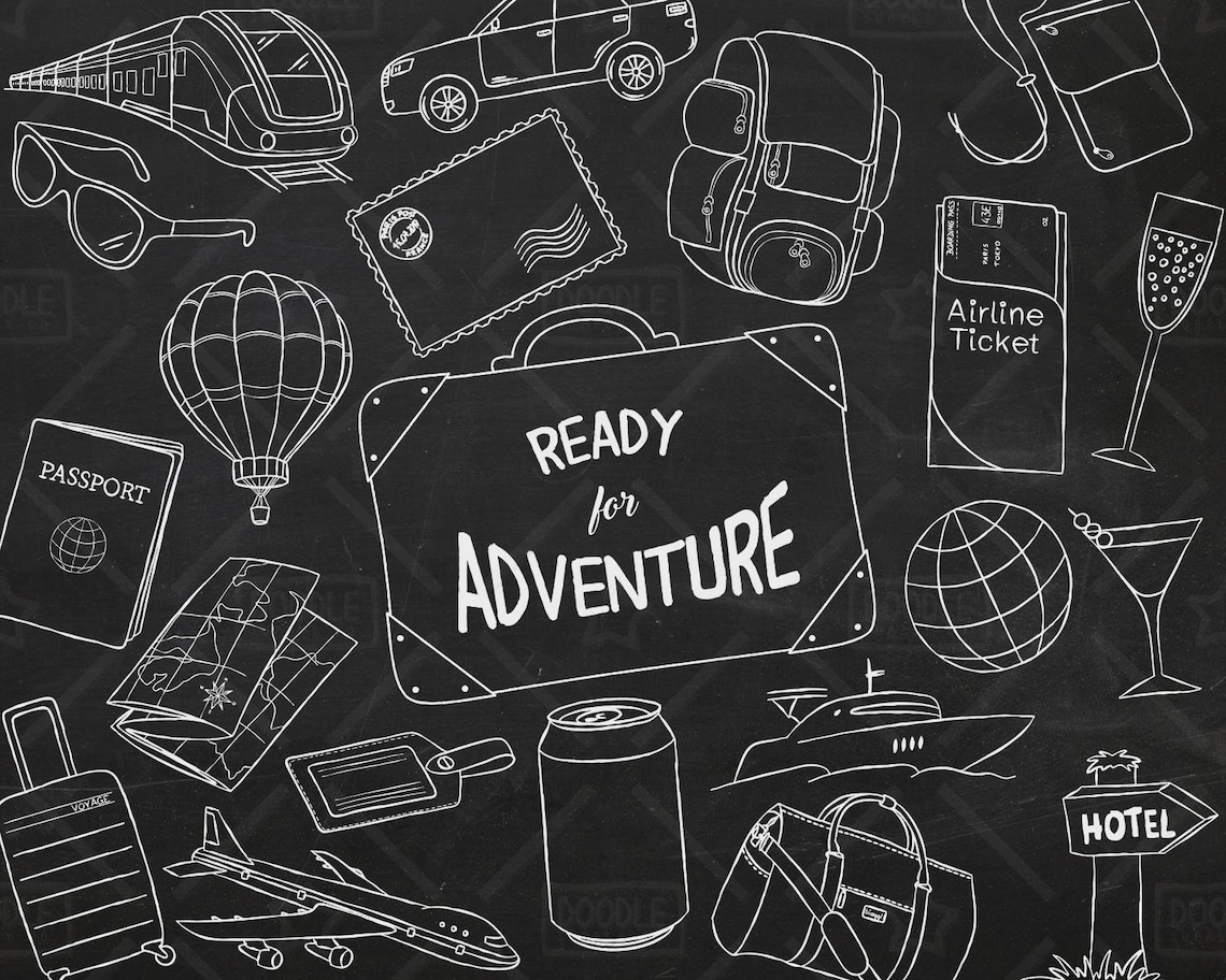 Chalkboard Travel Vector Pack, Hand Drawn Clipart, Vacation Clipart ...