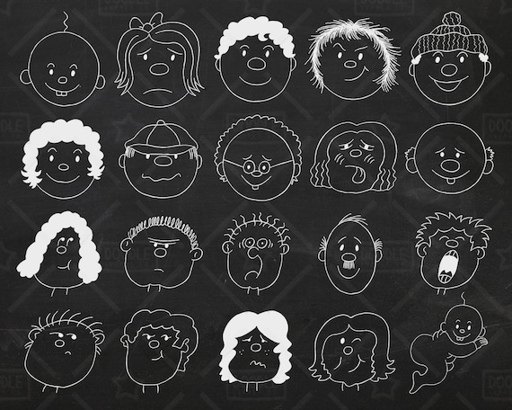 Chalkboard Cartoon Faces Clipart Vector Pack People Clipart | Etsy