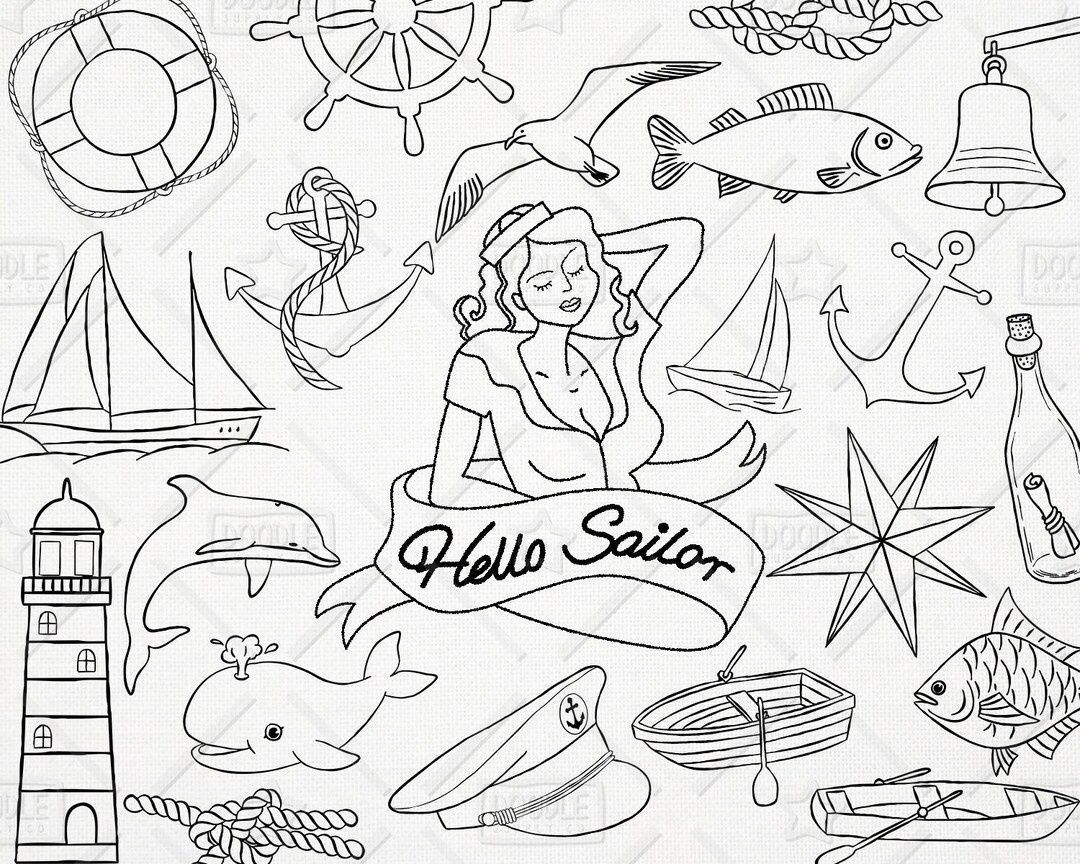 Doodle Nautical Vector Pack, Ocean Clipart, Sea Clipart, Anchor Clipart ...