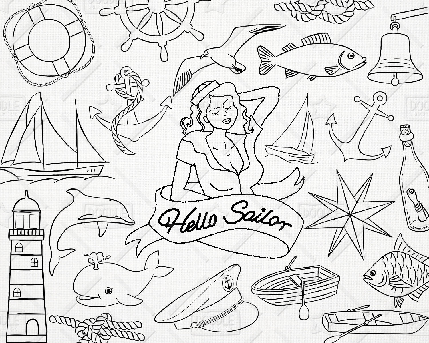 Doodle Nautical Vector Pack, Ocean Clipart, Sea Clipart, Anchor Clipart ...