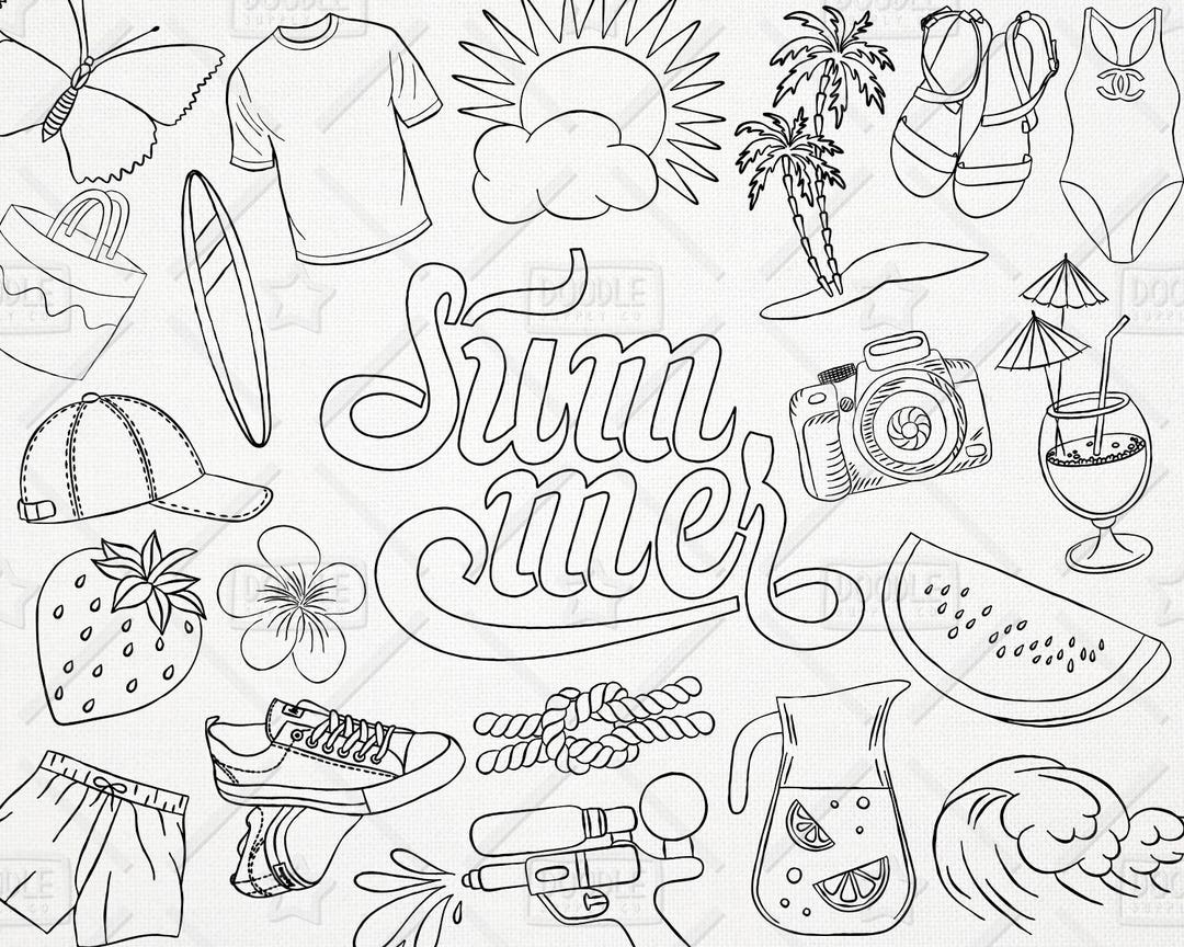 Doodle Summer Vector Pack, Beach Clipart, Summer Doodle, Vacation ...