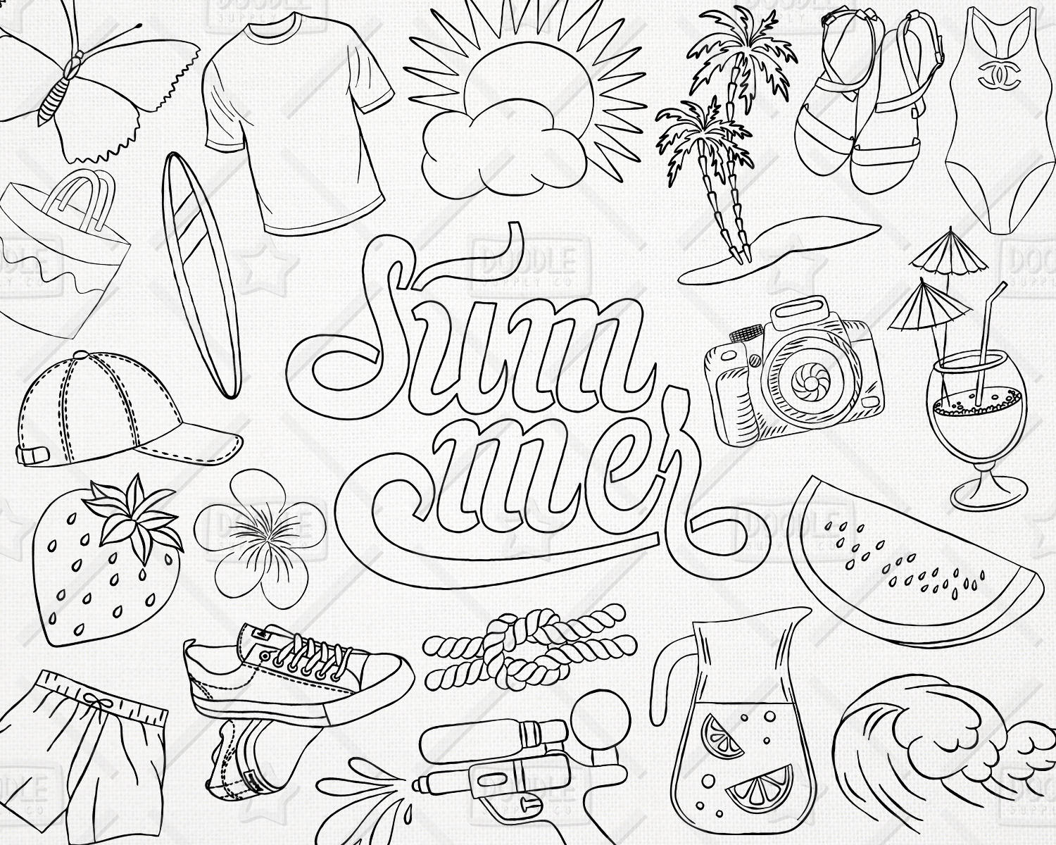 Doodle Summer Vector Pack, Beach Clipart, Summer Doodle, Vacation ...