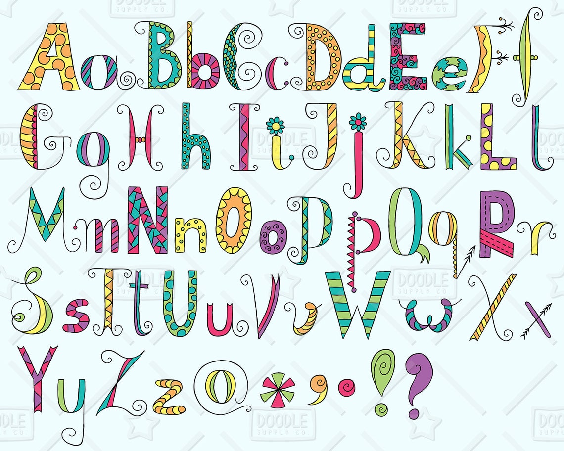 Doodle Alphabet Clipart Vector Pack, Hand Drawn Font, Alphabet Clipart ...