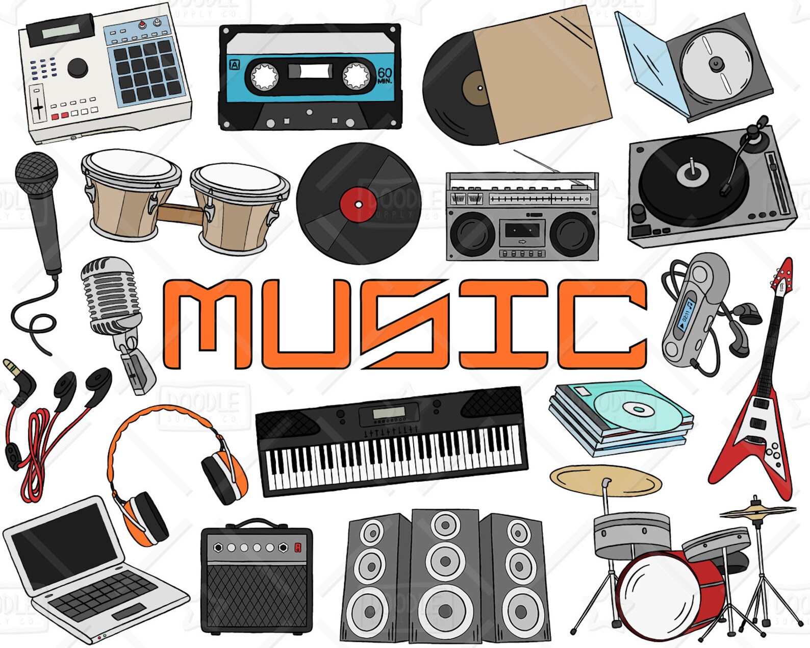 Music Clipart Vector Pack, Electronic Music Doodles, Pop Music Clipart ...