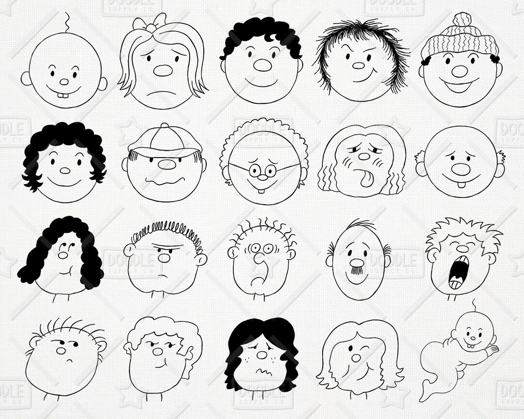 Doodle Cartoon Faces Clipart Vector Pack, People Clipart, Cartoon ...