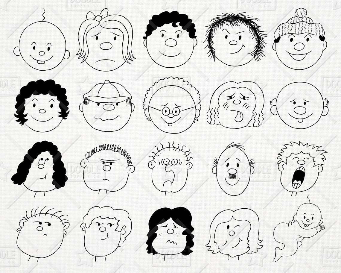 Doodle Cartoon Faces Clipart Vector Pack, People Clipart, Cartoon ...