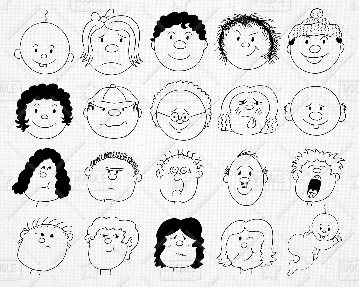 Cartoon People Faces Black And White Clipart