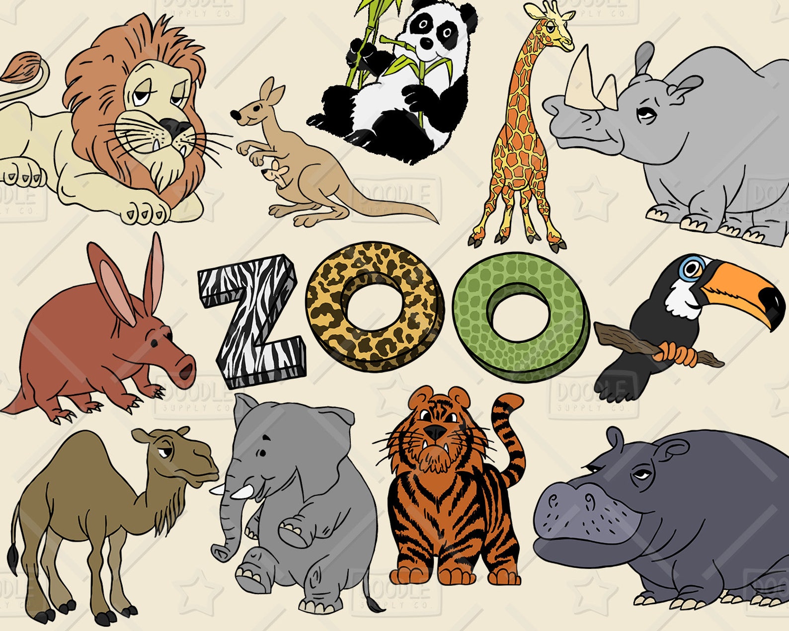 Zoo Animals Clipart Vector Pack, Cute Animals Clipart, Tiger, Lion ...