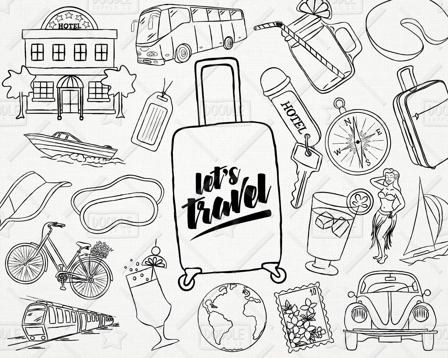 Doodle Travel Vector Pack, Hand Drawn Clipart, Vacation Clipart, Travel ...