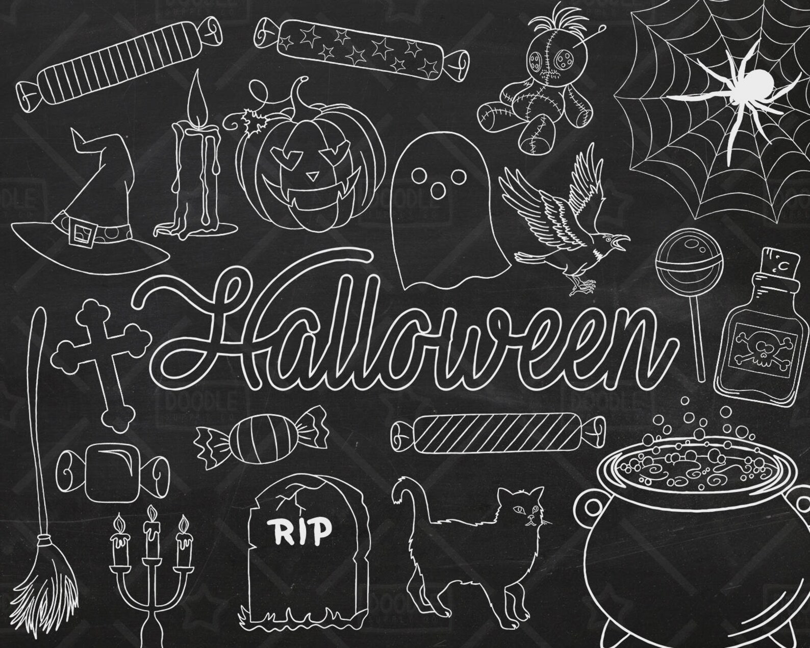 Chalkboard Halloween Vector Pack, Halloween Doodles, Spider Clipart ...
