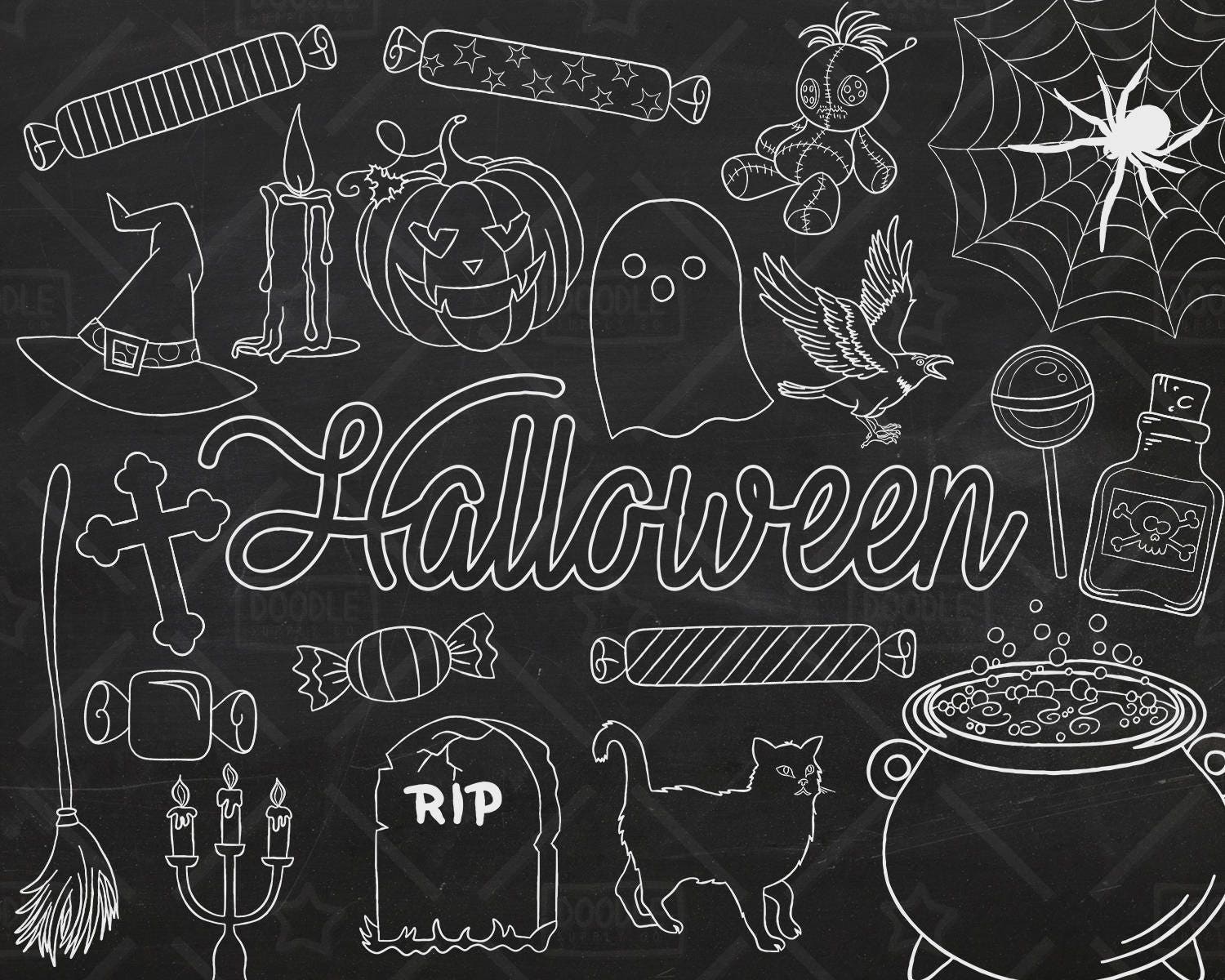 Chalkboard Halloween Vector Pack, Halloween Doodles, Spider Clipart ...